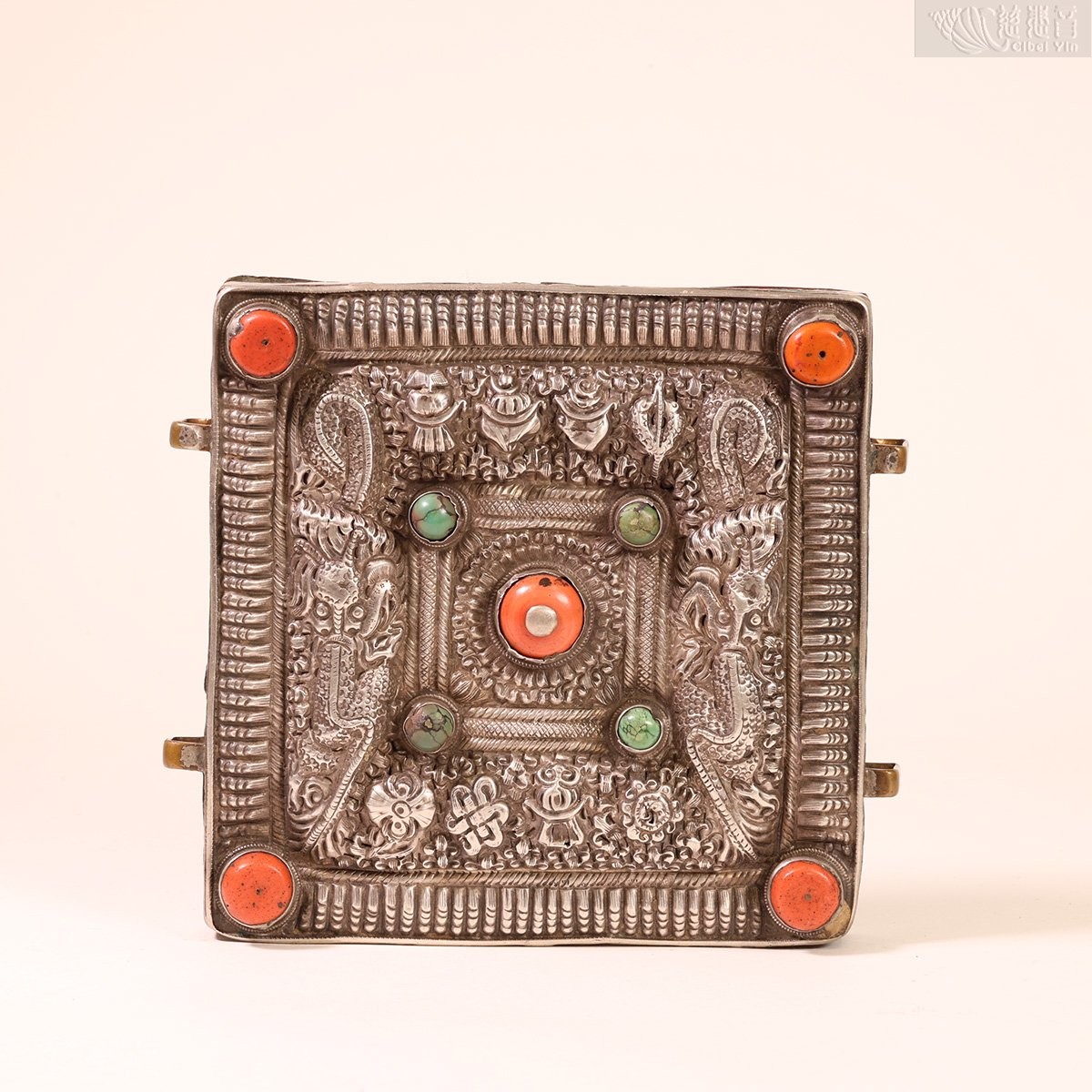 19th Century Silver Square Tibetan Amulate Box CiBeiYin