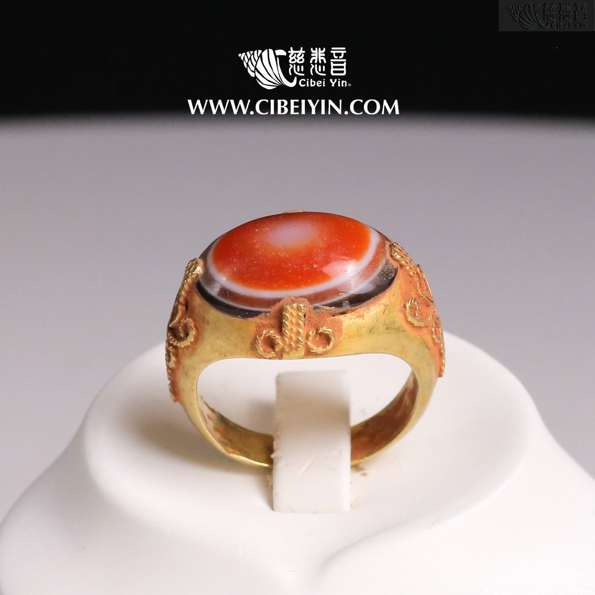 Ancient Dzi Bead Gold Ring-1 (Natural Red Agate Heaven's Eye Dzi Bead ...