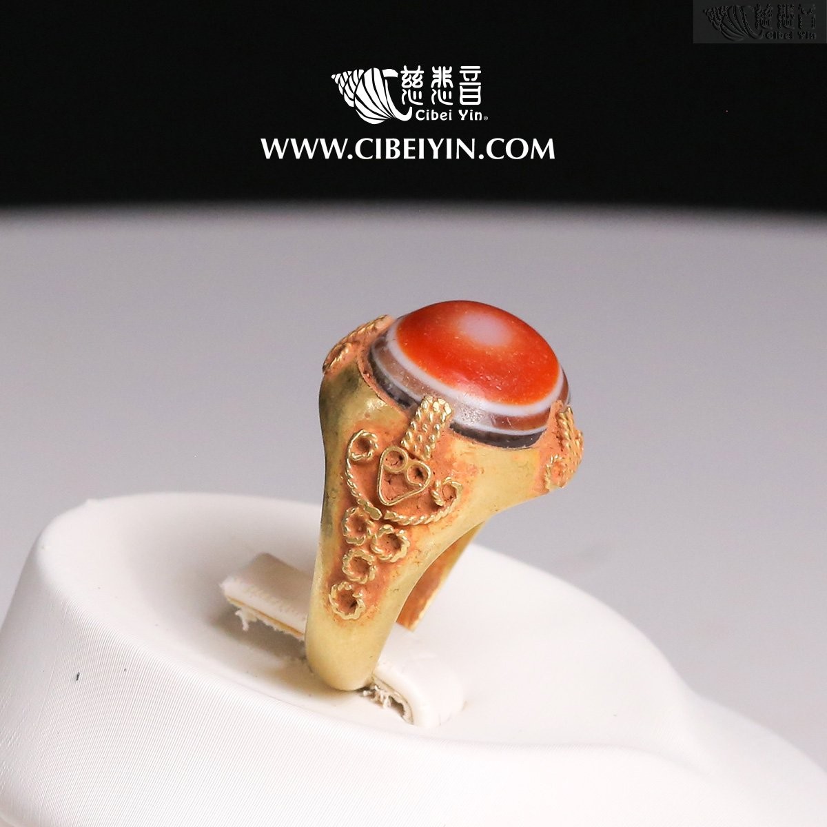 Ancient Dzi Bead Gold Ring-1 (Natural Red Agate Heaven's Eye Dzi Bead ...